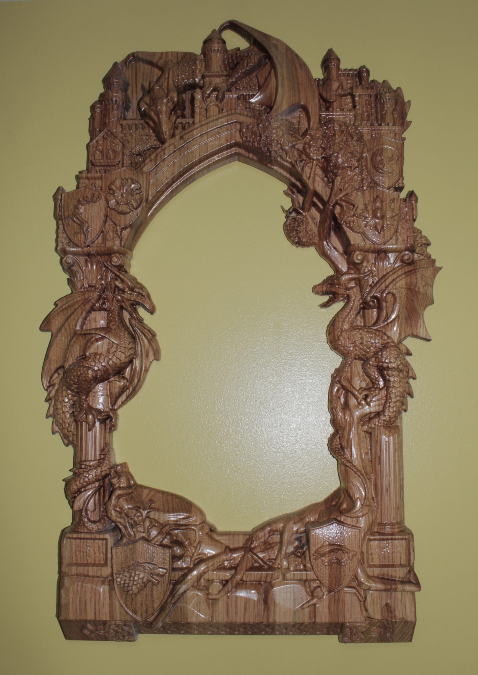 Iconic Oak Wood Mirror Frame With Sigils and Dragons Carving - Etsy