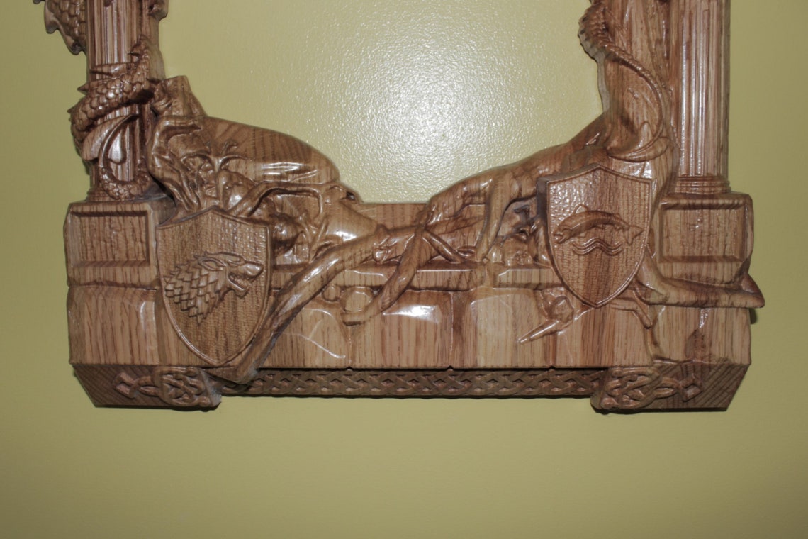 Iconic Oak Wood Mirror Frame With Sigils and Dragons Carving - Etsy