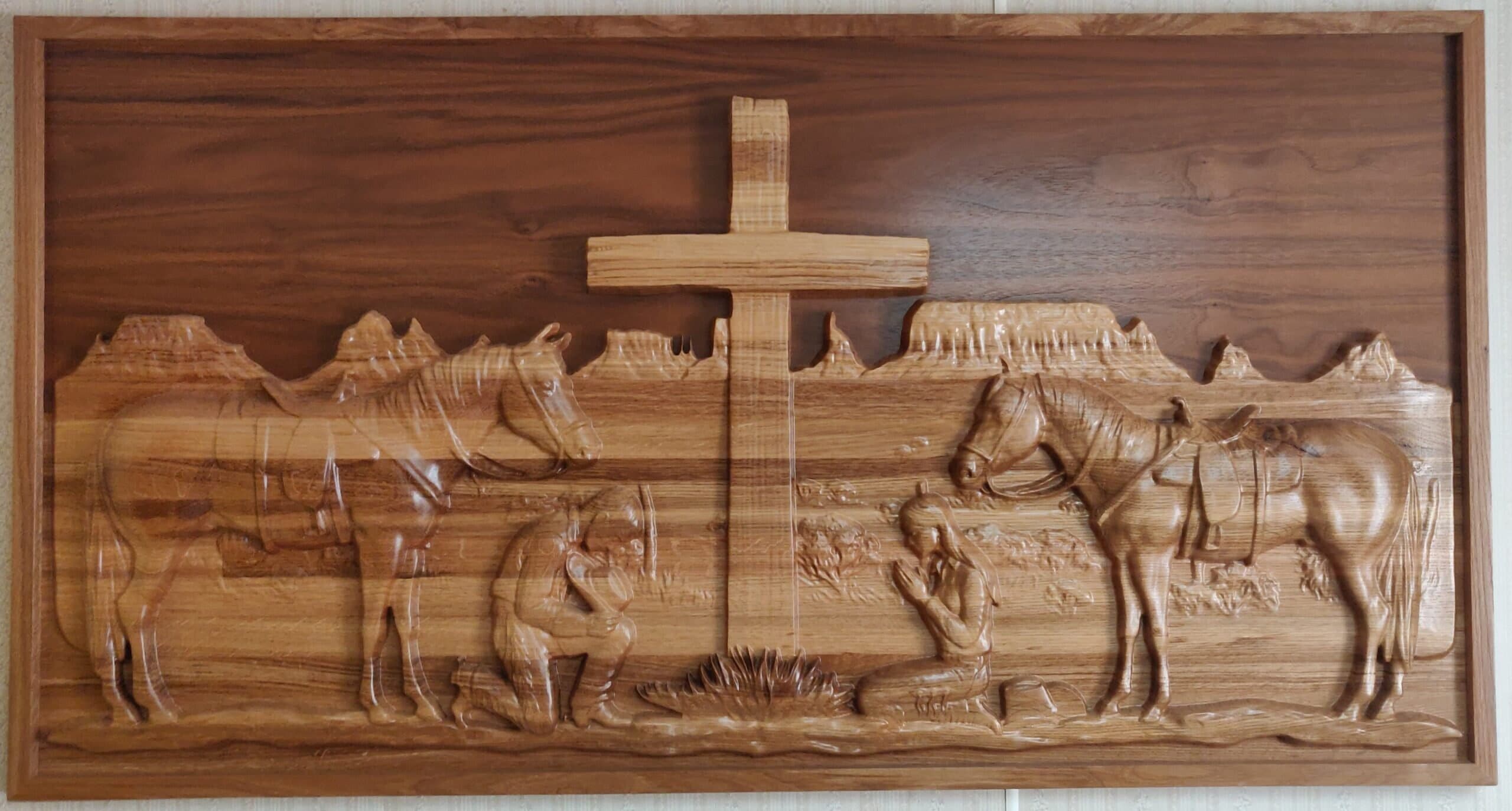 Old Western Scenery Oak Wood Carving With Walnut Background - Wooden ...