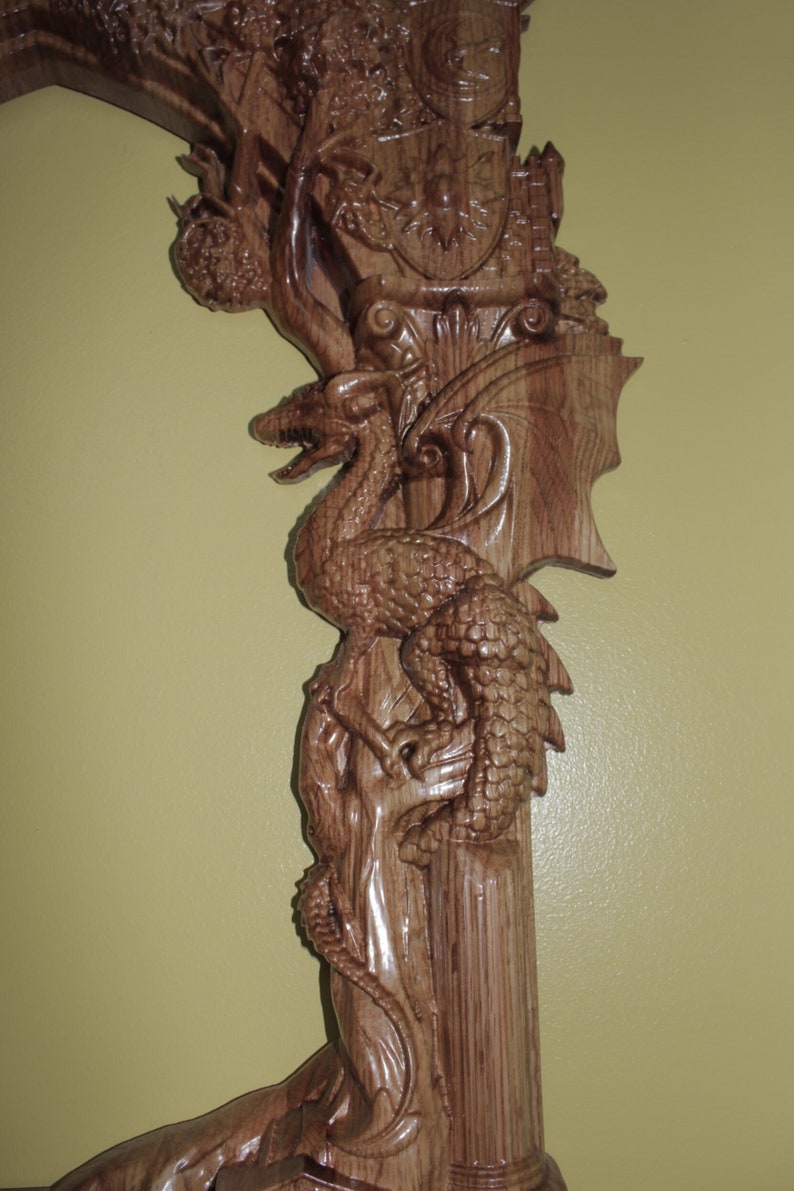Iconic Oak Wood Mirror Frame With Sigils and Dragons Carving - Etsy