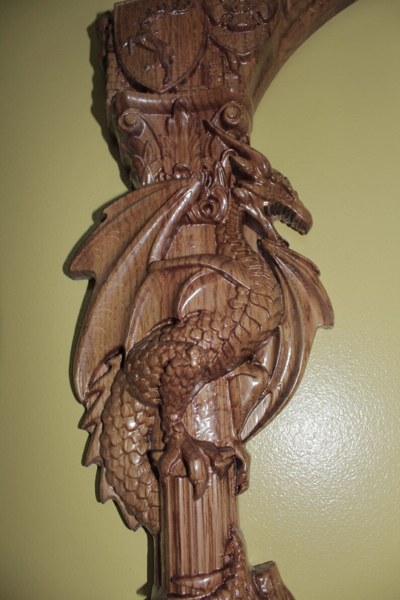 Iconic Oak Wood Mirror Frame With Sigils and Dragons Carving - Etsy