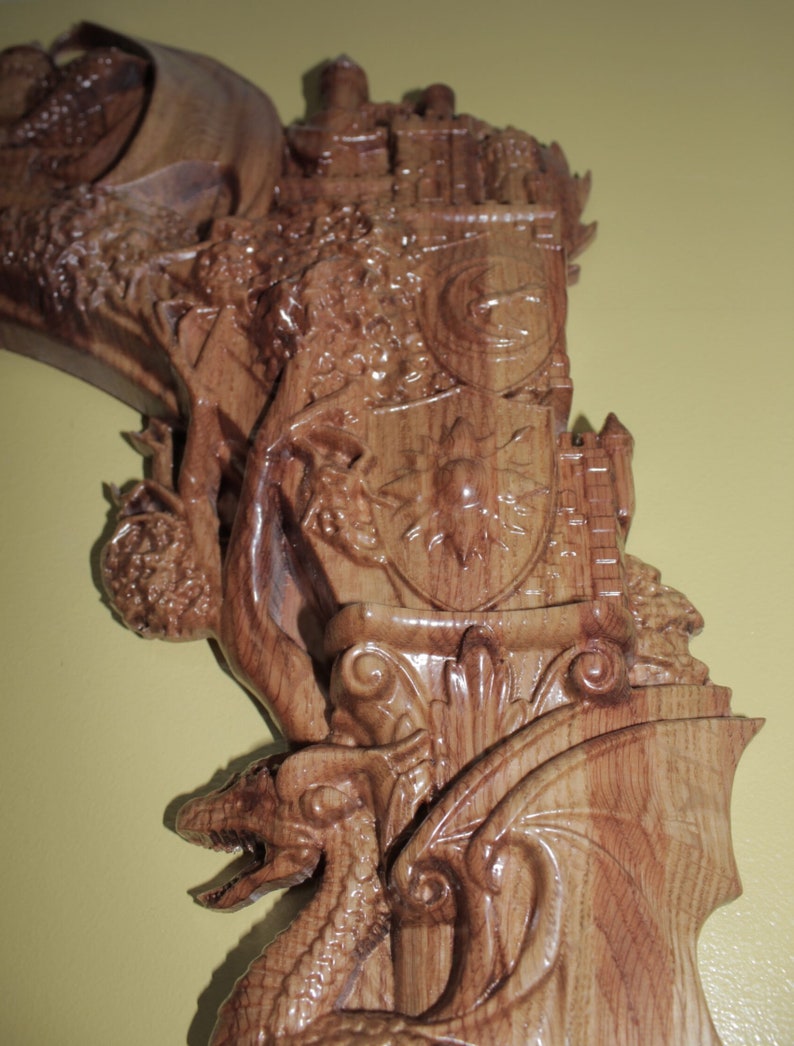 Iconic Oak Wood Mirror Frame With Sigils and Dragons Carving - Etsy