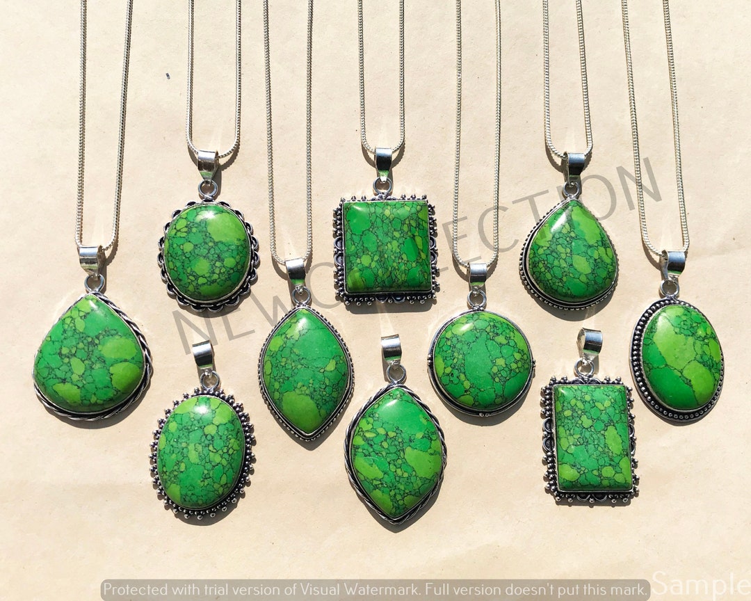 Green Turquoise Crystal Chain Pendant Necklace, Silver Overlay Handmade ...