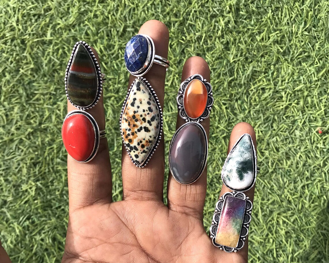 Natural Assorted Gemstone Rings Silver Overlay Handmade Ring | Etsy