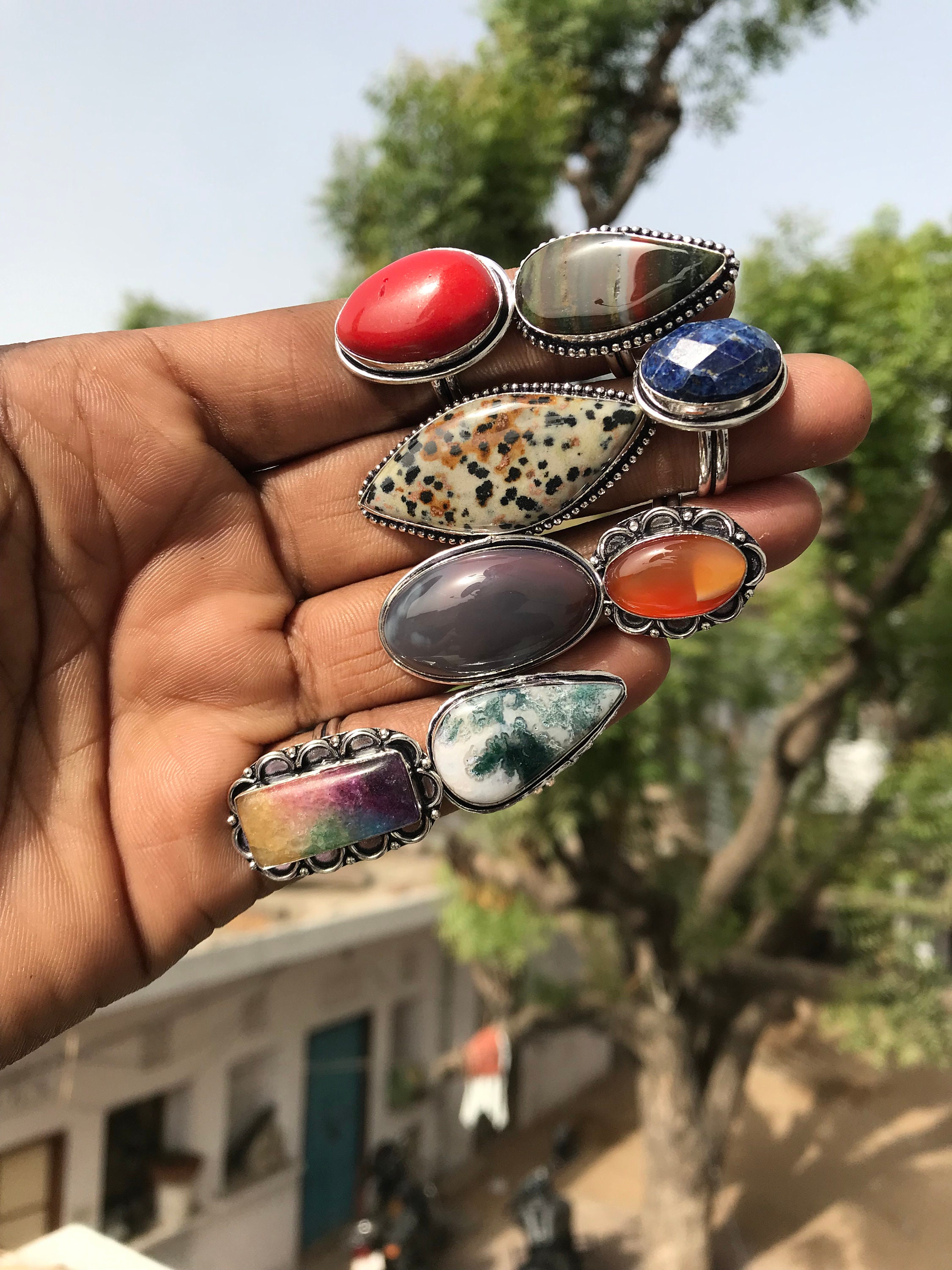 Natural Assorted Gemstone Rings Silver Overlay Handmade Ring | Etsy