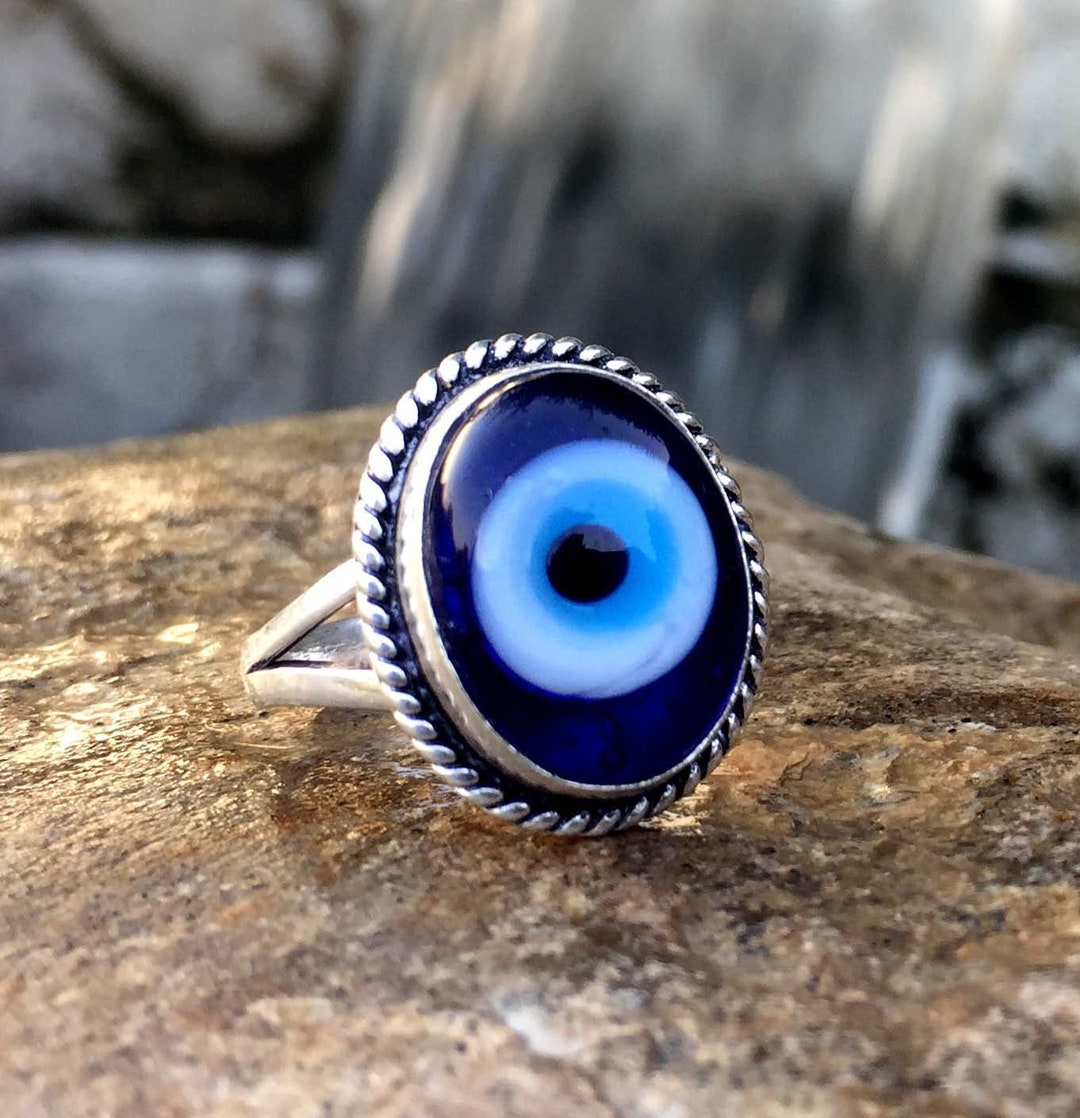 Silver Plated Evil Eye Ring, Dainty Boho Ring - Etsy