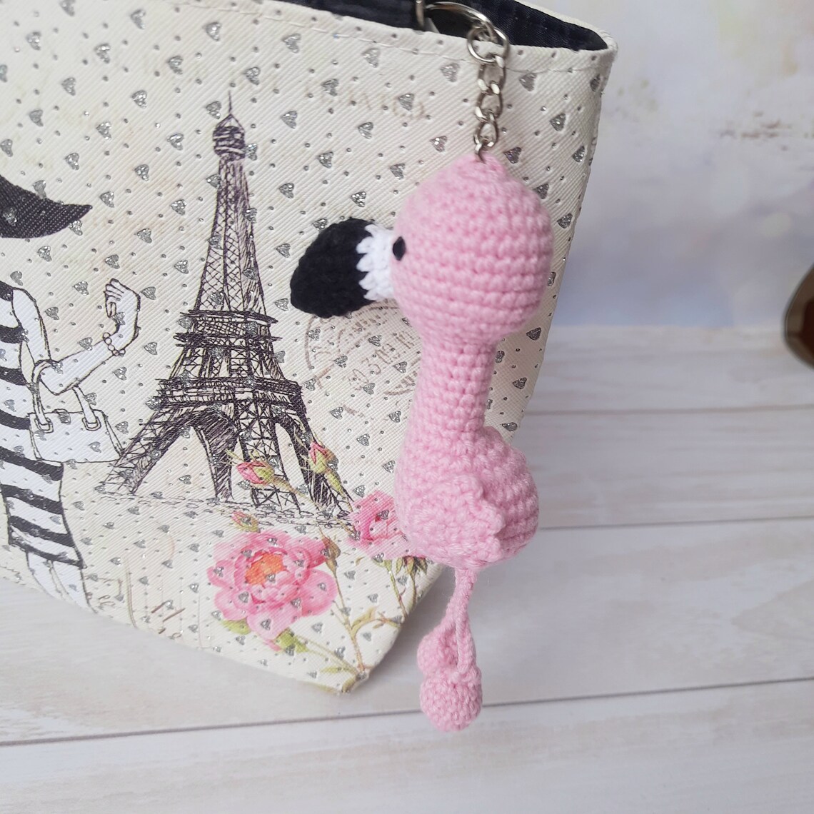Pink Flamingo Bag Charm, Crocheted Bird Bag Charm, Crochet Bag Decor, Mothers Day Gift, Gift for ...