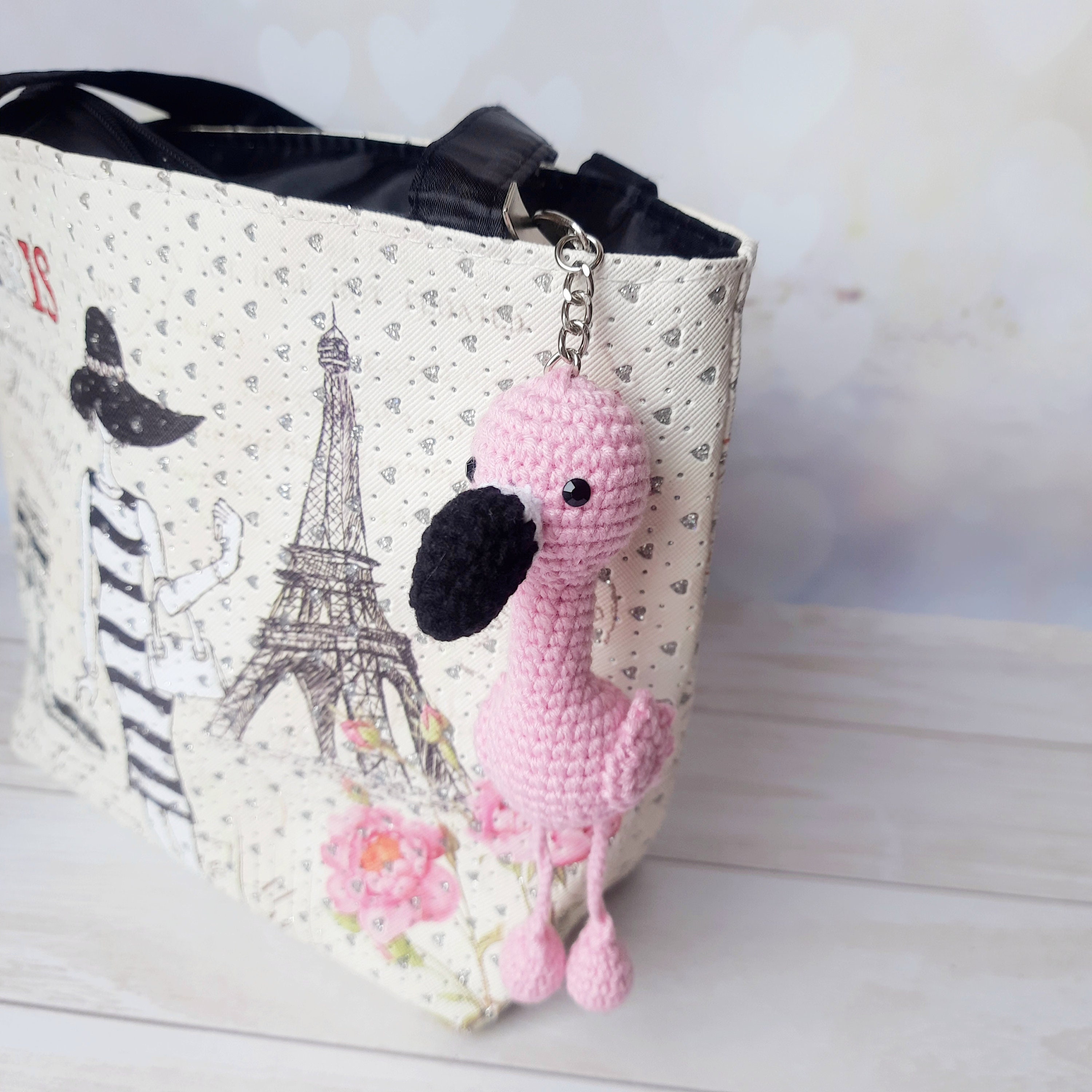 Pink Flamingo Bag Charm, Crocheted Bird Bag Charm, Crochet Bag Decor, Mothers Day Gift, Gift for ...