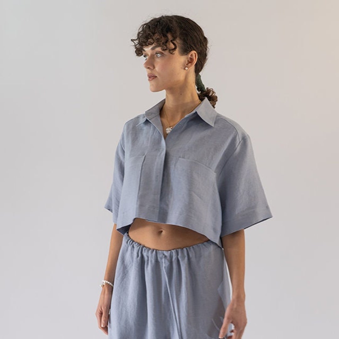 Crop Linen Top, Linen Short Sleeve Crop Top, Blue Linen Cropped Blouse ...