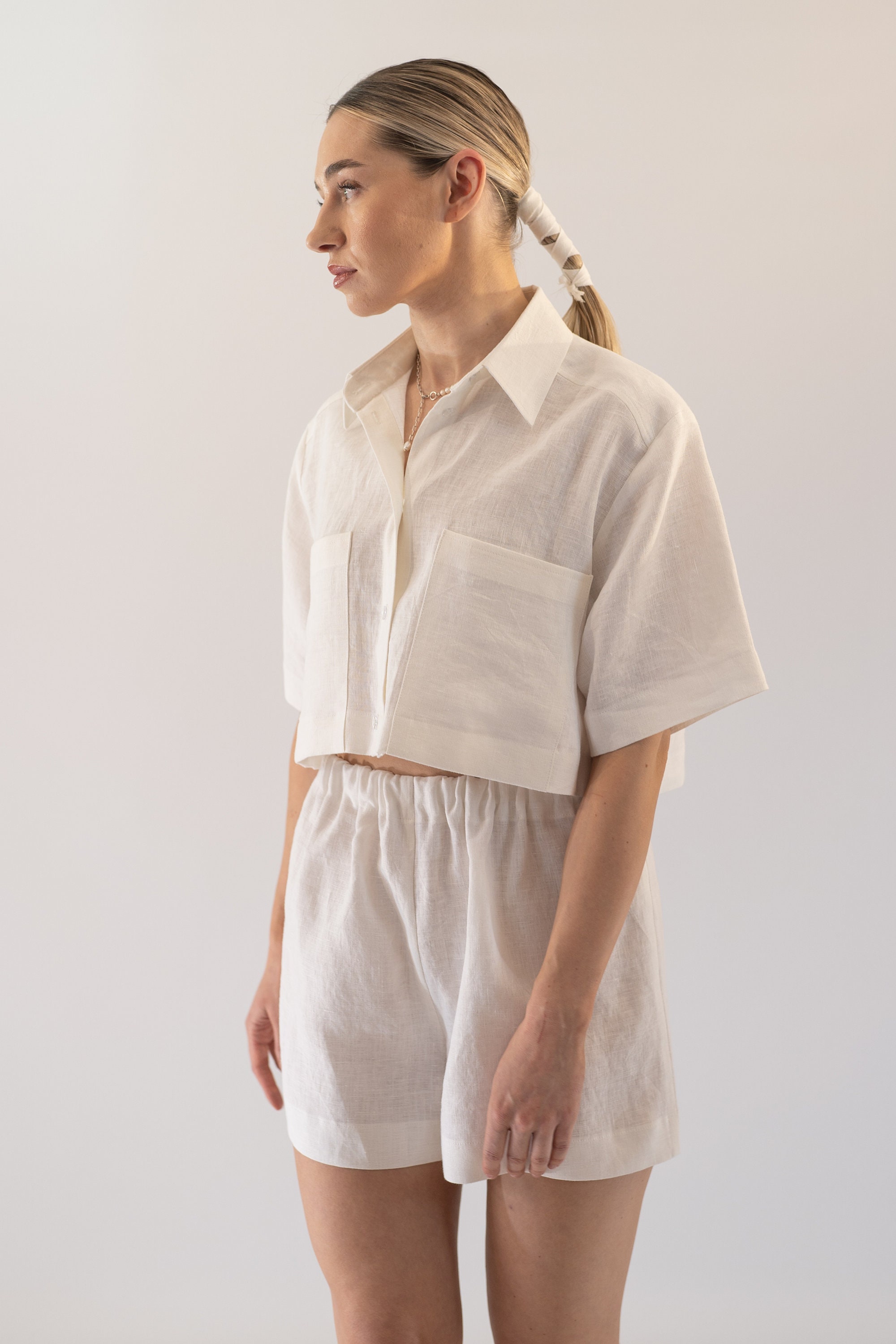 Crop Linen Top, Linen Short Sleeve Crop Top, Blue Linen Cropped Blouse ...
