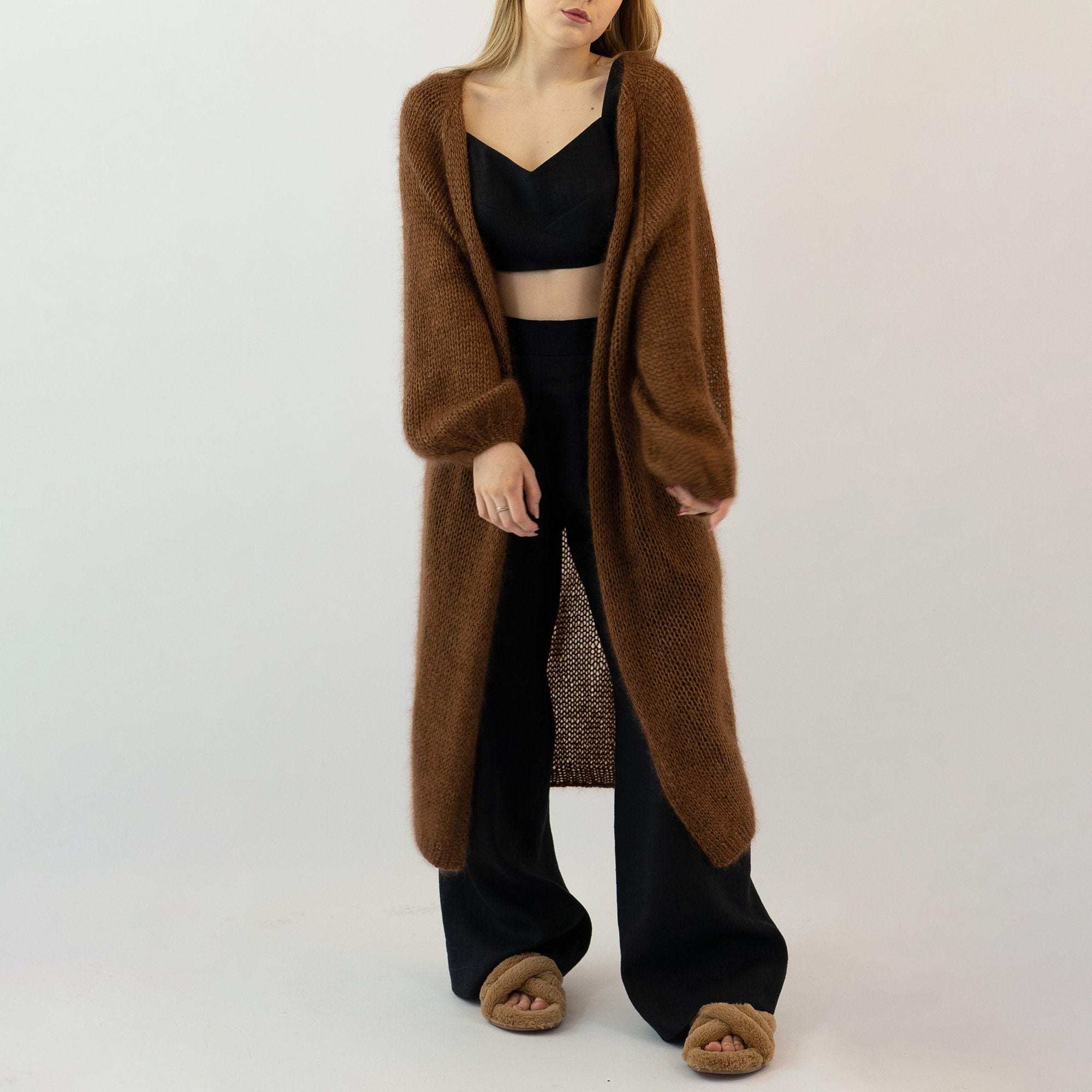 Airy Mohair Bomber COAT, Hand Knit Mohair, Reglan Ballon Sleeves, Loose ...