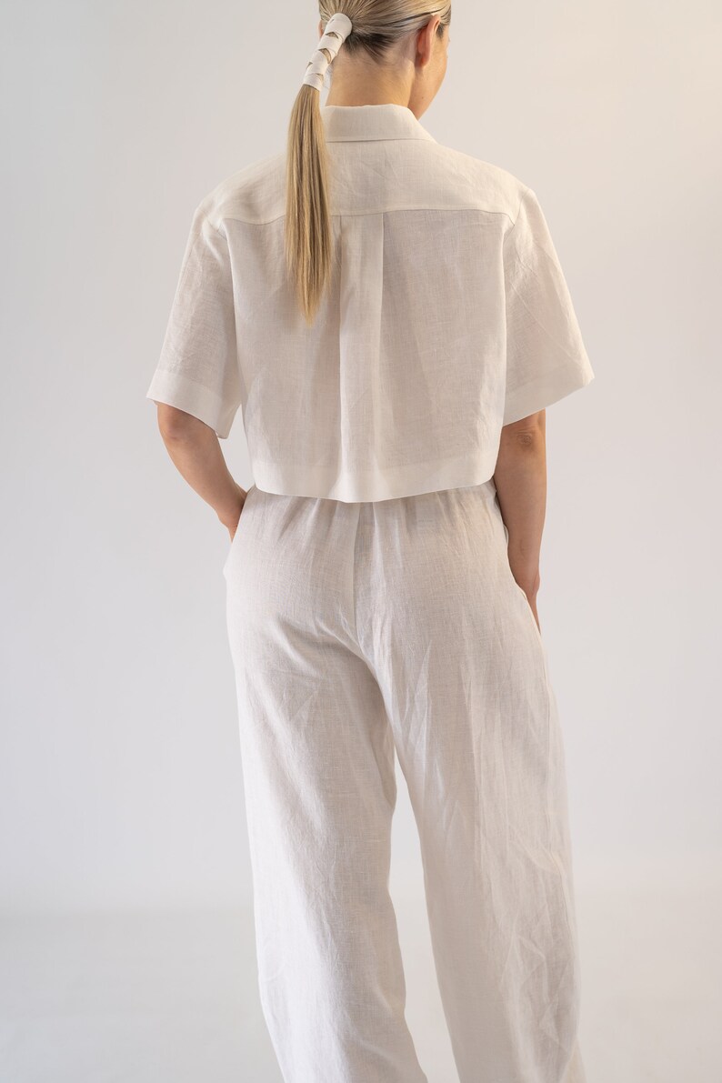 Crop Linen Top, Linen Short Sleeve Crop Top, Blue Linen Cropped Blouse ...