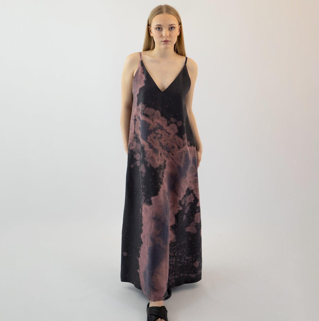Vestido longo de linho tingido à mão, estilo boho, corte em A, decote ...