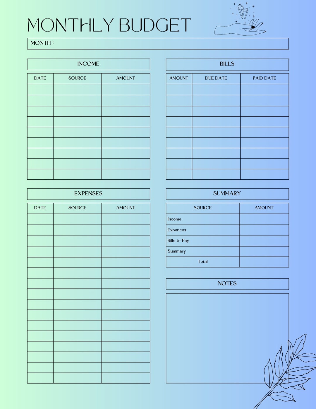 Monthly Budget Sheet - Etsy