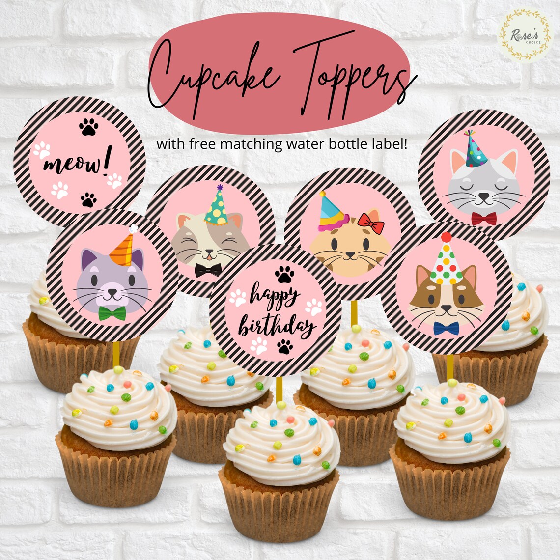 PRINTABLE Cat Birthday Cupcake Topper | Cat Birthday Water Bottle Label ...