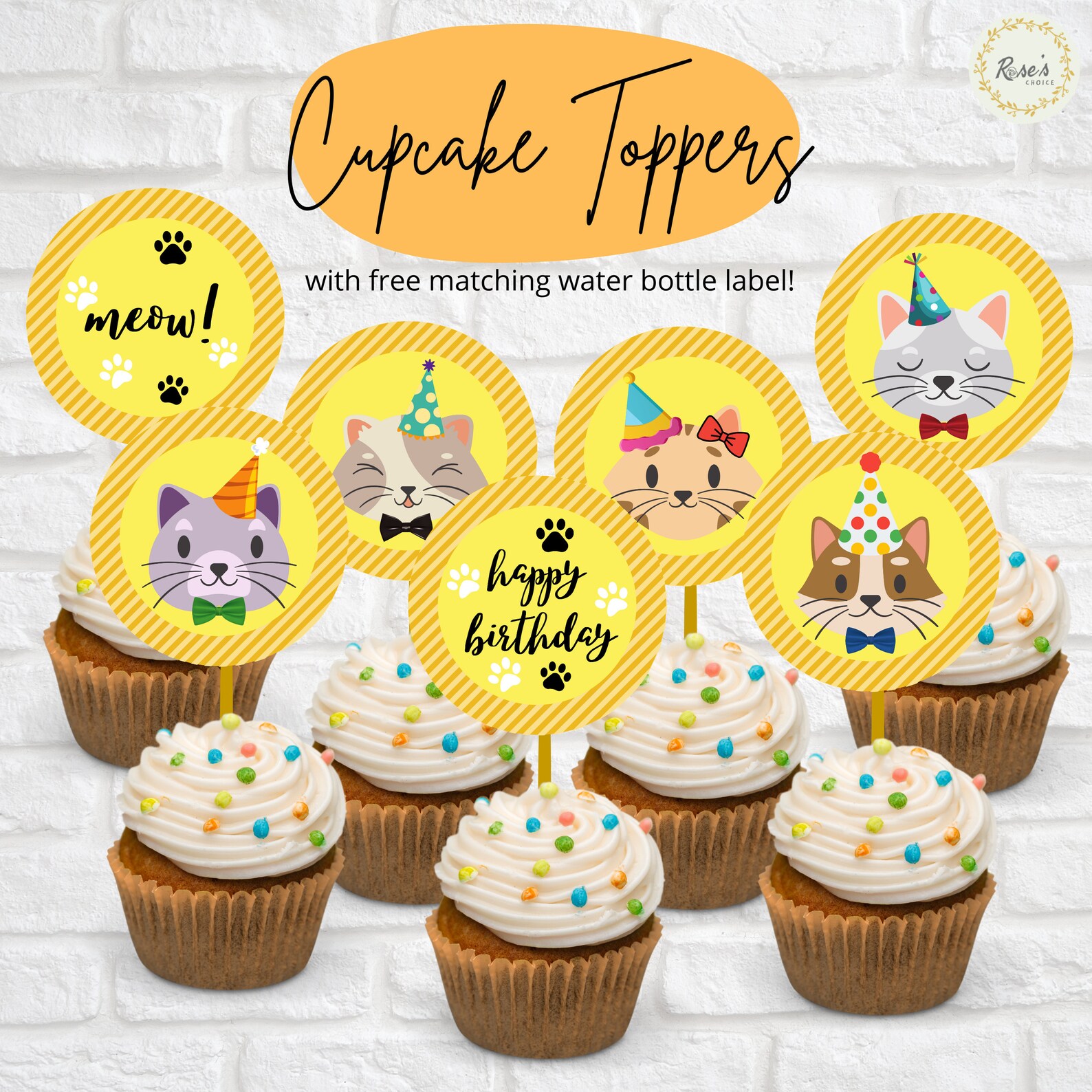 PRINTABLE Cat Birthday Cupcake Topper | Cat Birthday Water Bottle Label ...