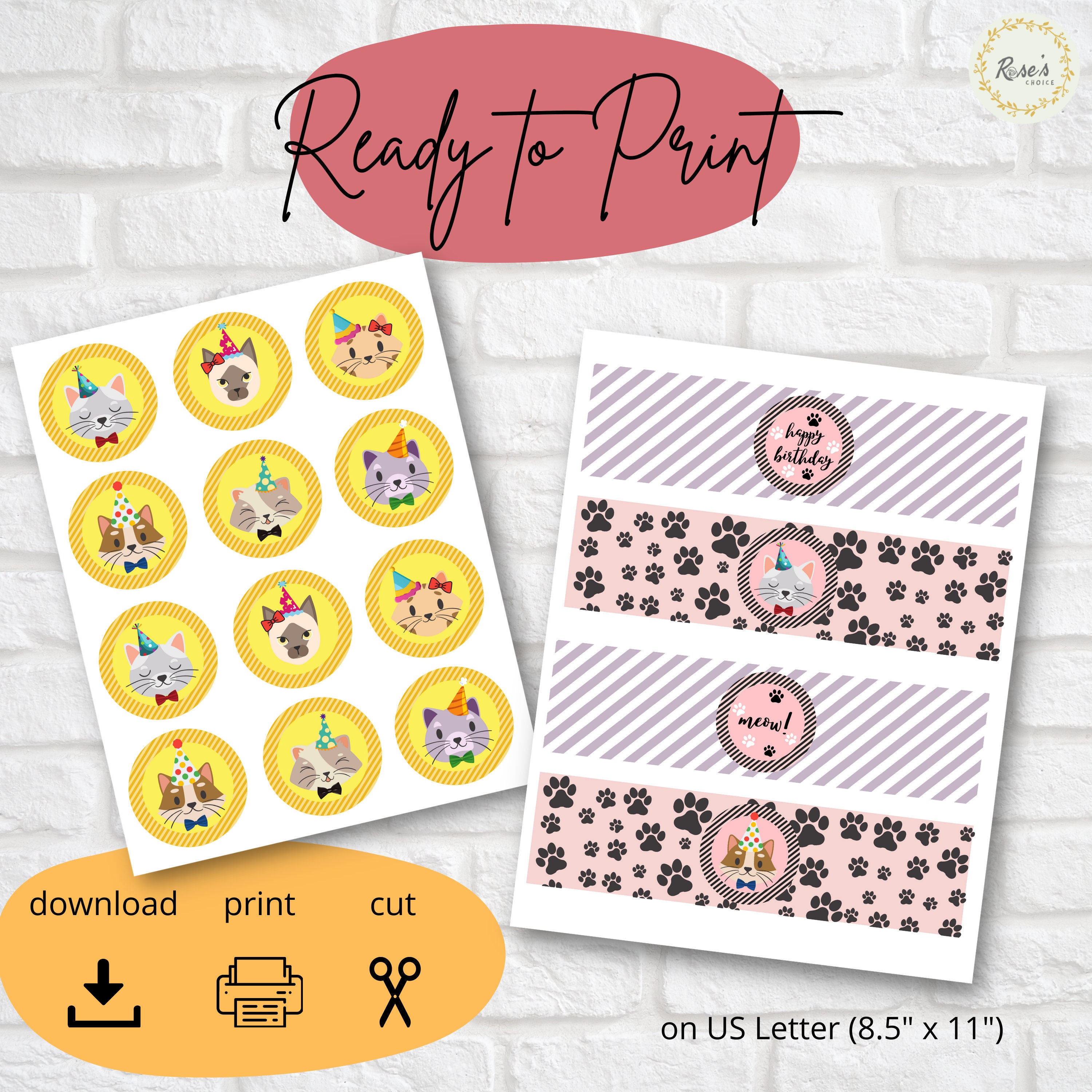 PRINTABLE Cat Birthday Cupcake Topper | Cat Birthday Water Bottle Label ...