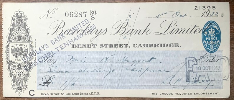 Early 1930’s Barclays Bank Cheques - Etsy