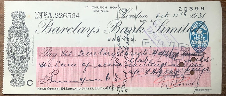 Early 1930’s Barclays Bank Cheques - Etsy