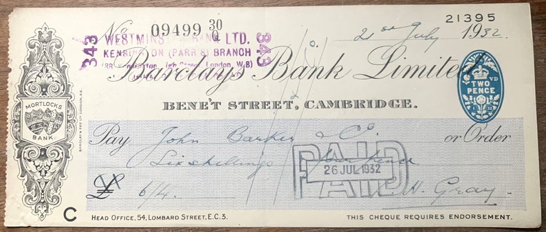 Early 1930’s Barclays Bank Cheques - Etsy