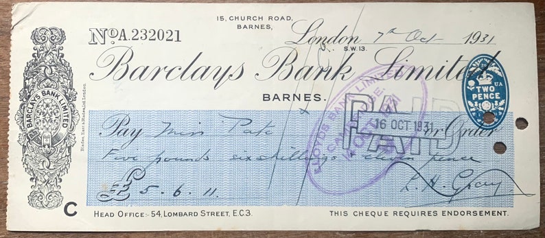Early 1930’s Barclays Bank Cheques - Etsy