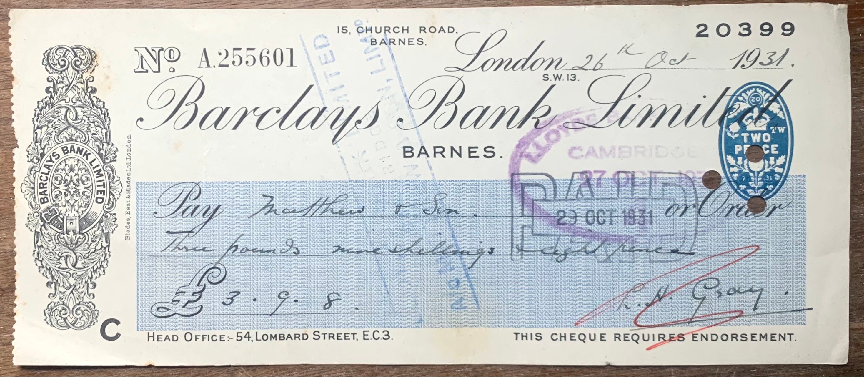 Early 1930’s Barclays Bank Cheques - Etsy