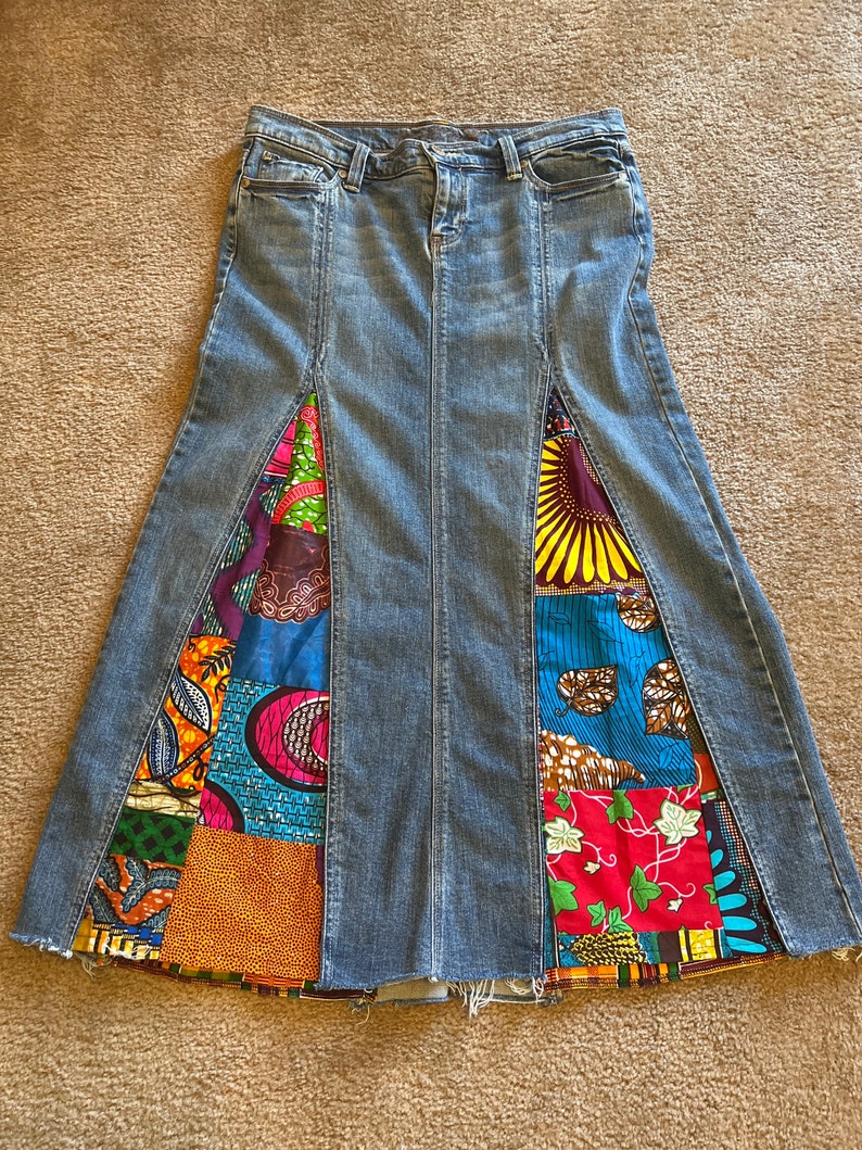 Upcycled Denim Skirt With African Prints - Etsy