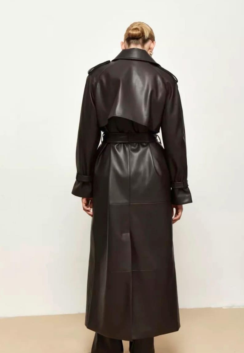 Long Vegan Leather Trench Coat, Exclusive Design Long Chocolate Trench ...