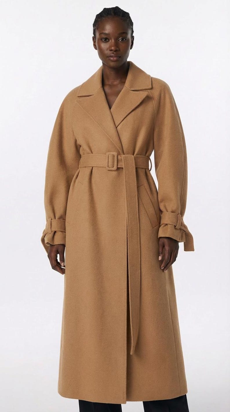Camel Cotton Trench Coat for Women, Belted Drop Shoulder Long Coat ...