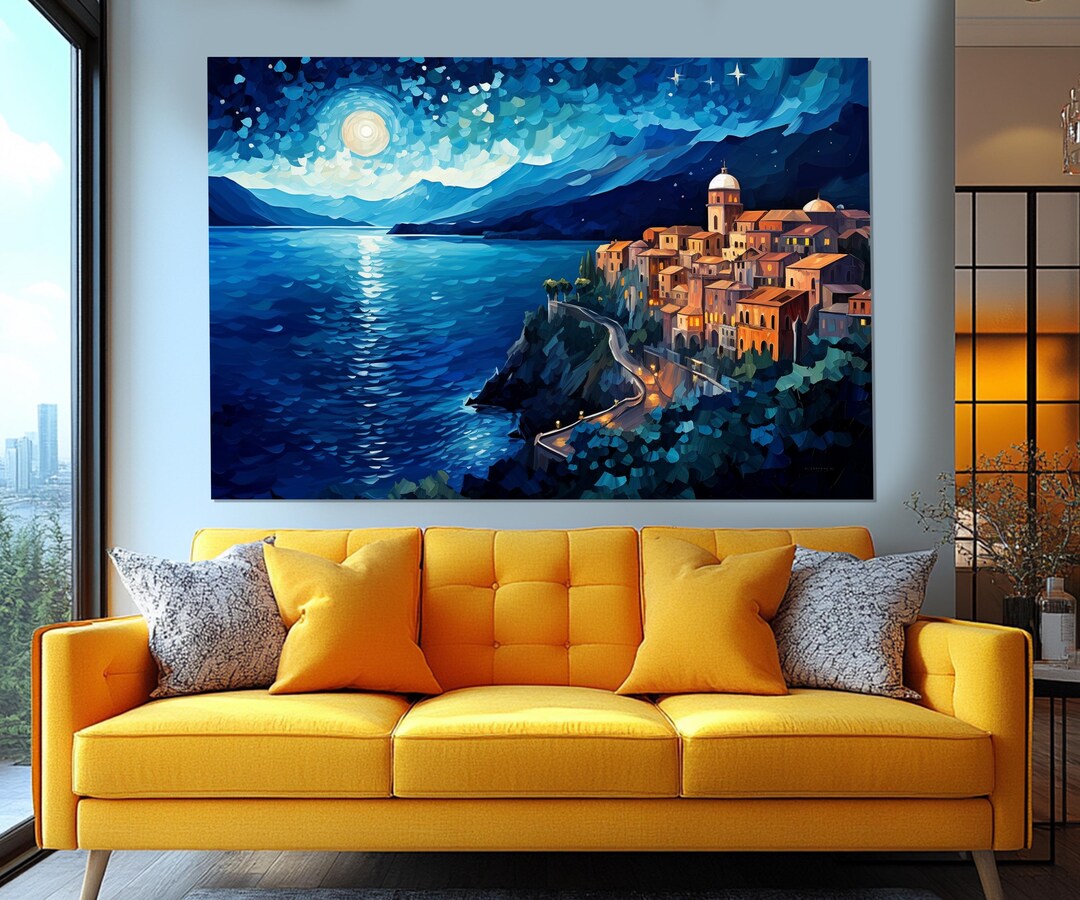 Abstract Style Amalfi Coast in Van Gogh Starry Night Canvas Print, Amalfi Coast Painting ...