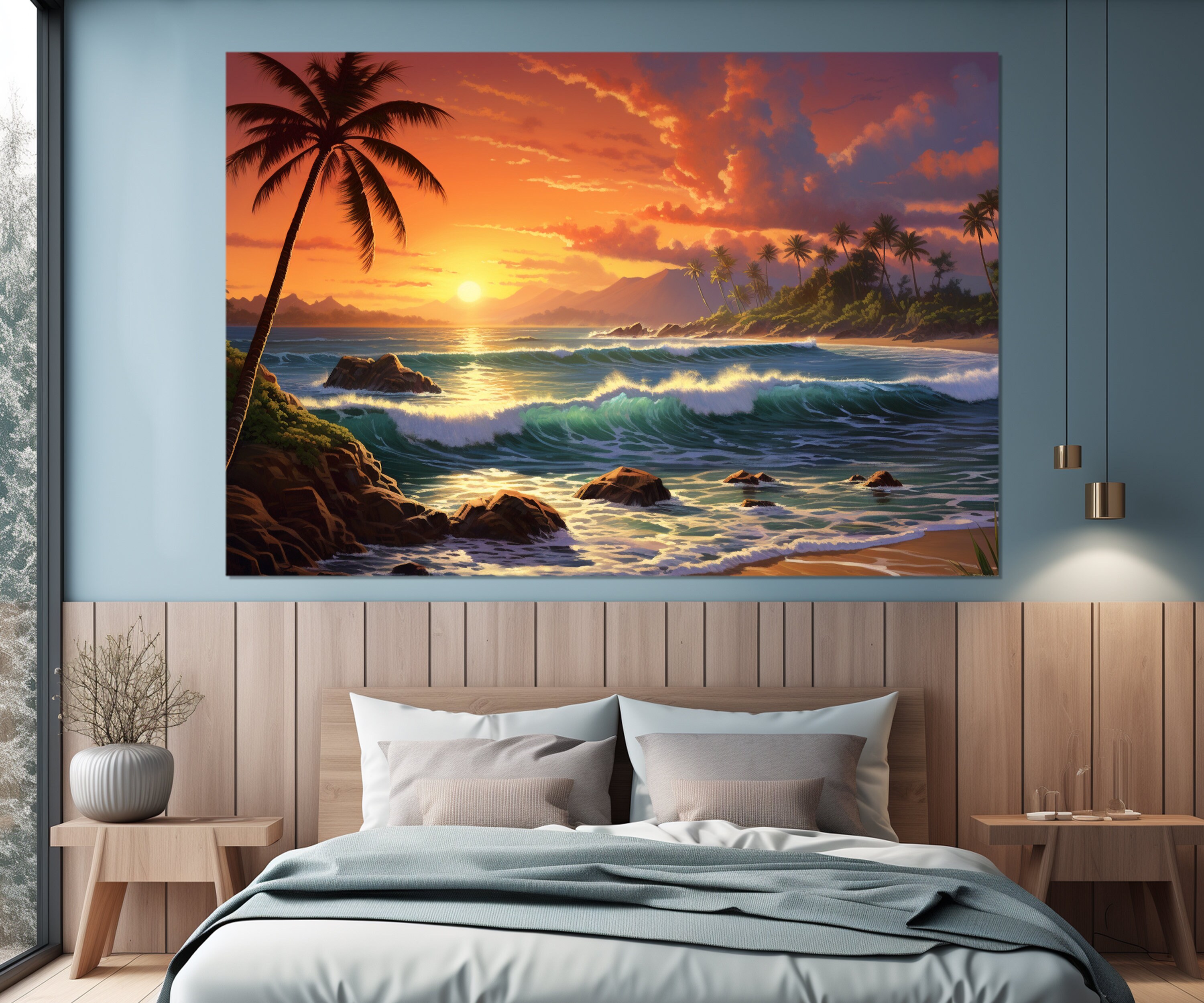 Beautiful Sunset Canvas Print, Scenic Sunset Painting, Ocean Wall Decor ...