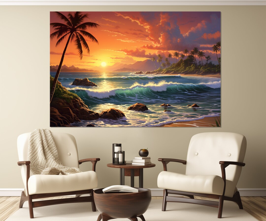 Beautiful Sunset Canvas Print, Scenic Sunset Painting, Ocean Wall Decor ...