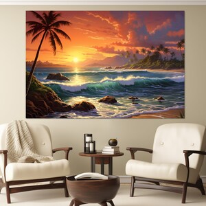 Beautiful Sunset Canvas Print, Scenic Sunset Painting, Ocean Wall Decor ...