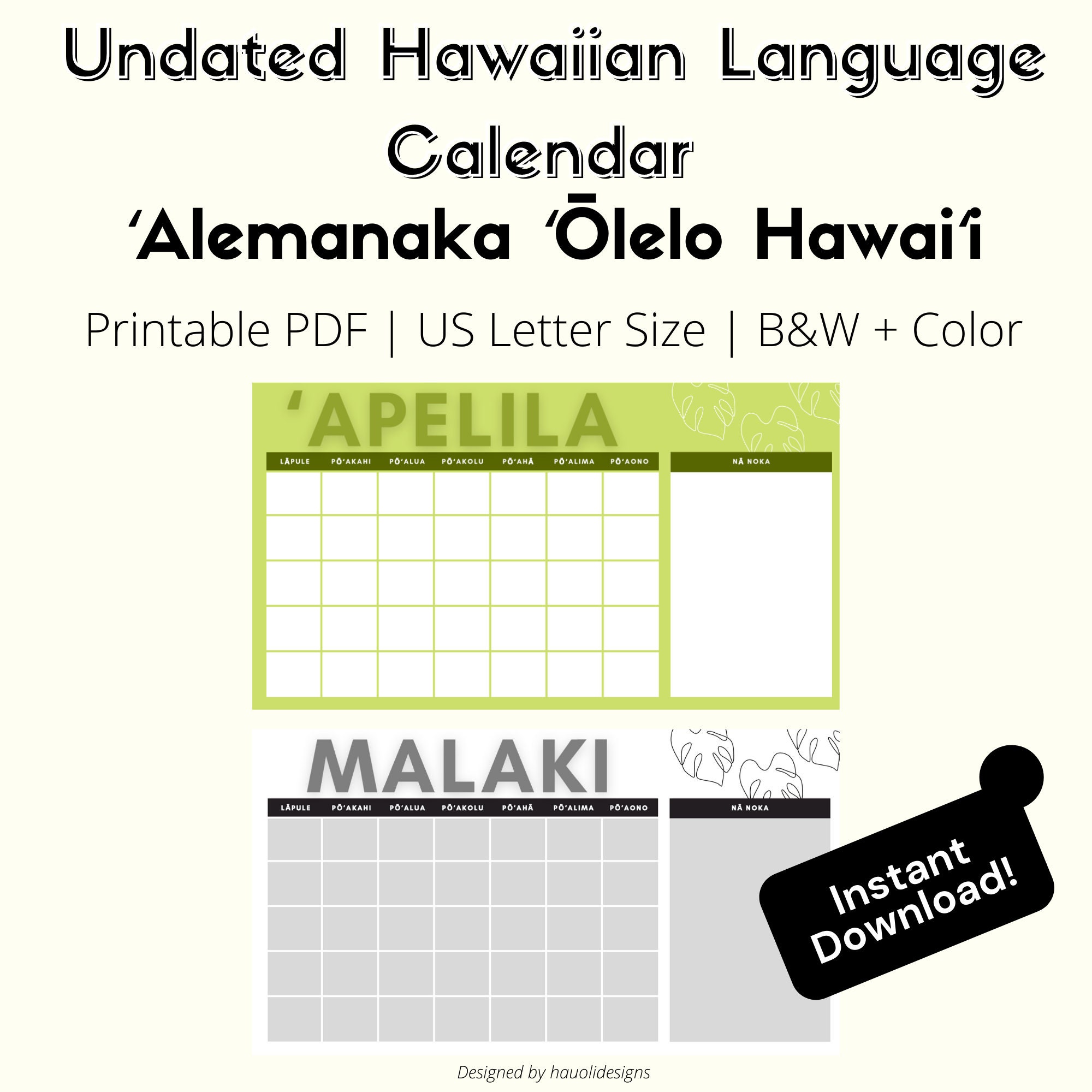 Undated Hawaiian Language Monthly Calendar | ʻŌlelo Hawaiʻi ʻalemanaka ...