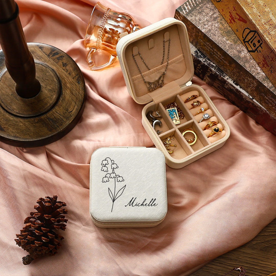 Birth Flower White Custom Jewelry Box With Name,personalized Bridal ...