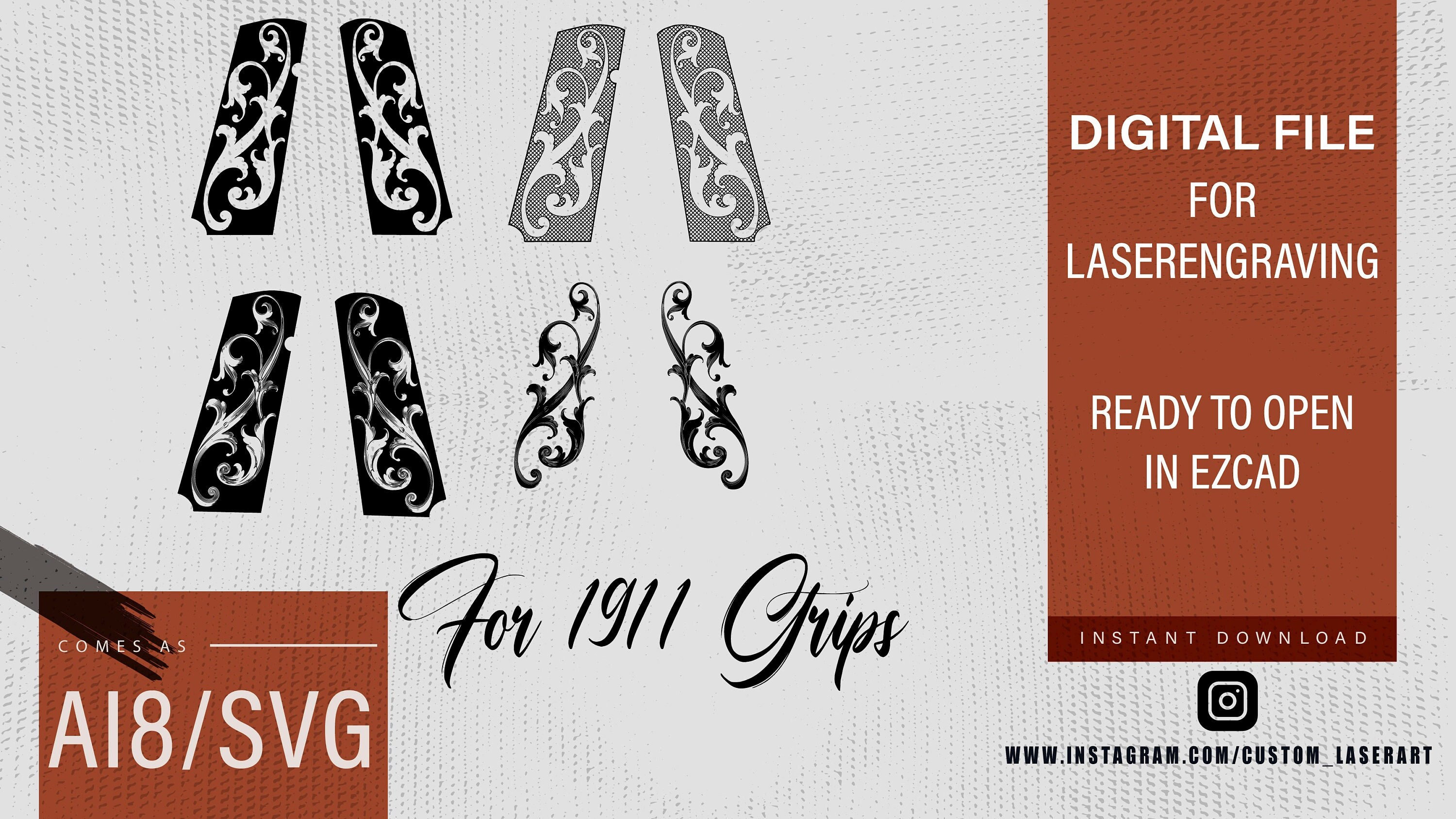 Scrollwork Grip Design for Colt1911 Grips Laser Engraving, Template for ...