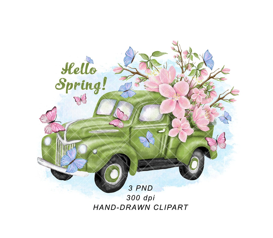 Cute Spring Truck With Pink Flowers Clipart PNG Graphics Design ...