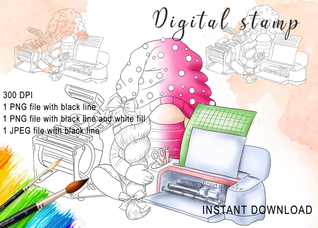 Crafting Maker Gnome Digital Stamp PNG Black Line Clipart Digi Stamps ...