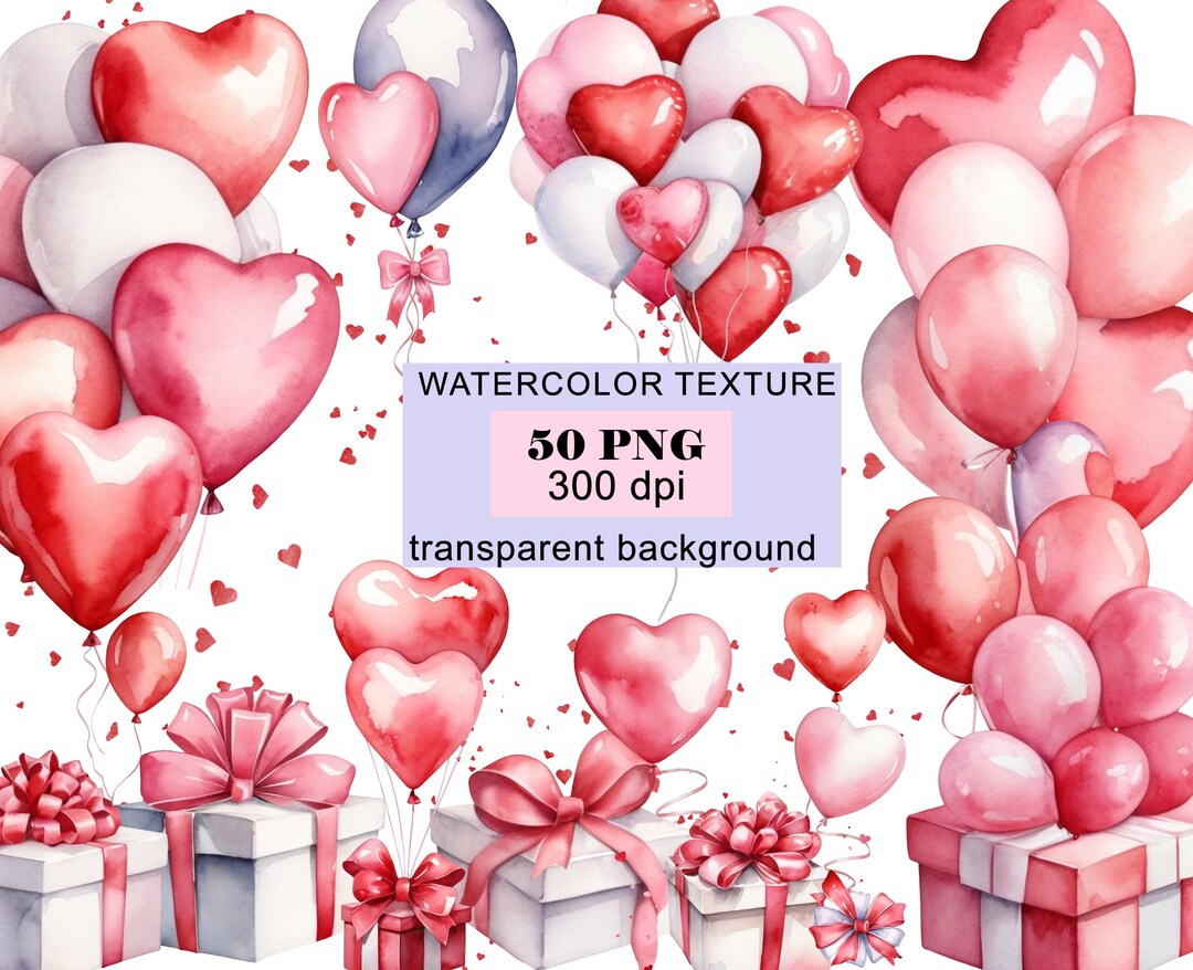 Watercolor Balloon Gift Boxes PNG Clipart Pink Red Bundle Digital ...