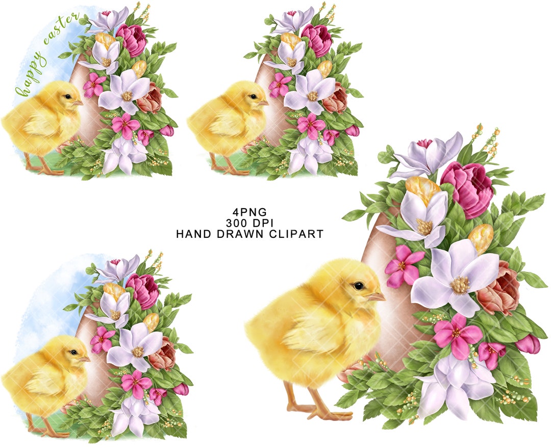 Happy Easter Baby Chick PNG Clipart Floral Eggs Sublimation Design ...
