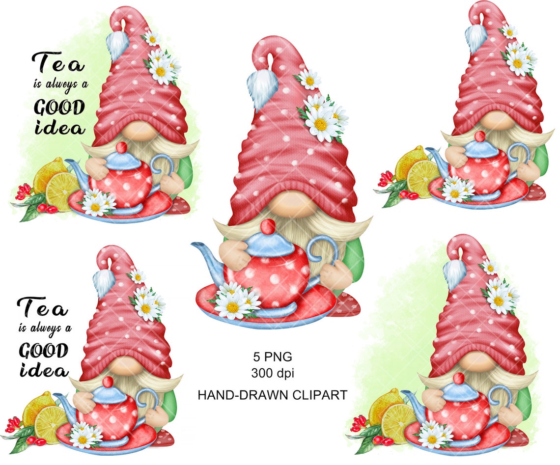 Tea Gnome PNG Clipart Tea Lovers Gift Watercolor Cute Gonk - Etsy