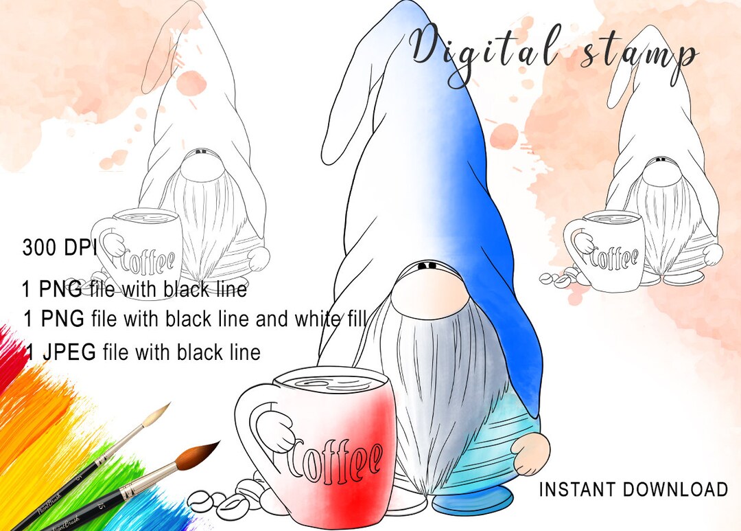 Coffee Gnome Cute Digital Stamp Black Line PNG Clipart Digi Stamps Pre ...