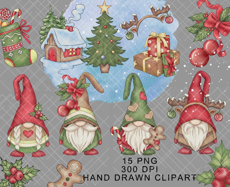 Christmas Gnomes PNG Cute Gonk Digital Red Watercolor Clipart - Etsy