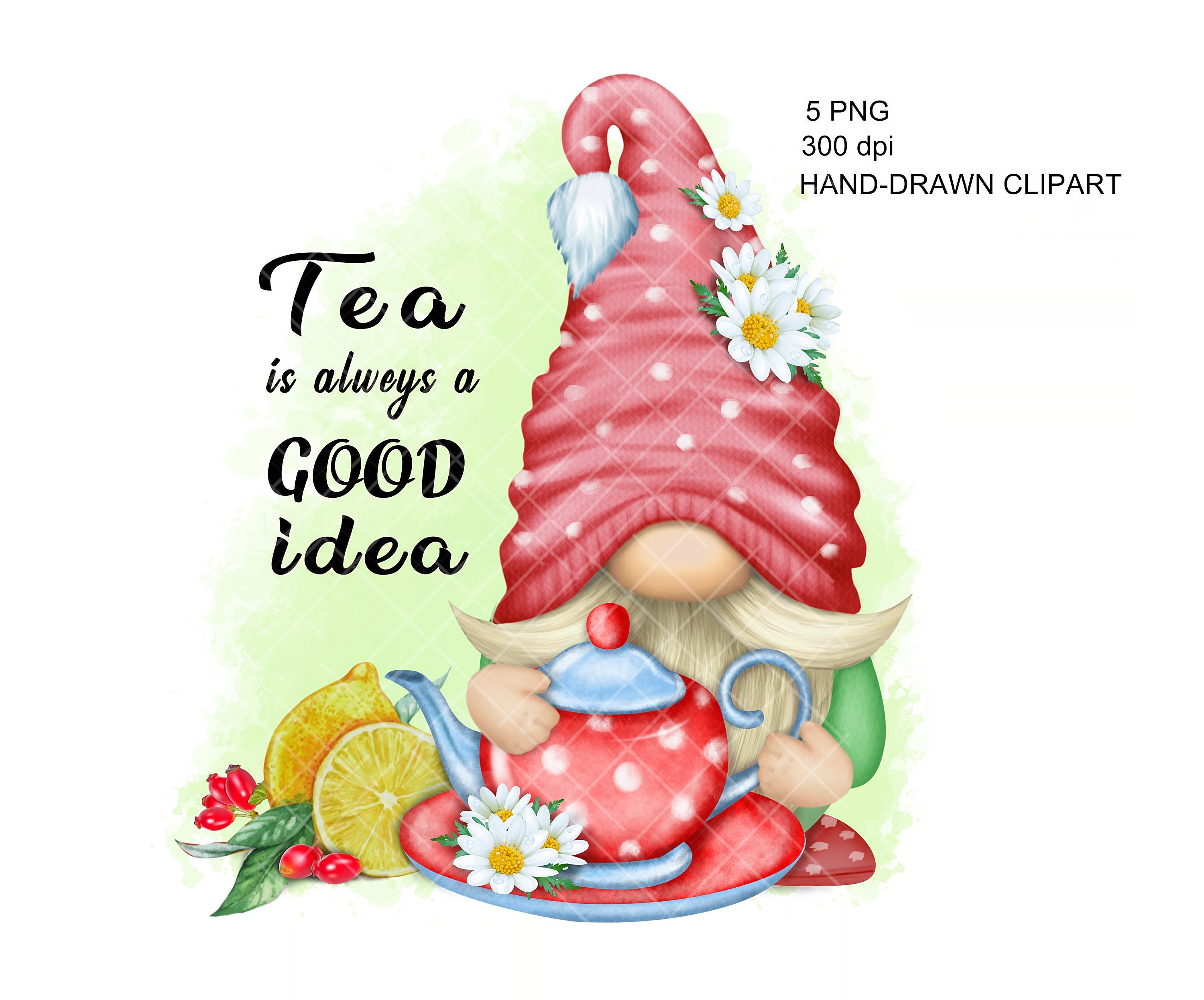 Tea Gnome PNG Clipart Tea Lovers Gift Watercolor Cute Gonk - Etsy