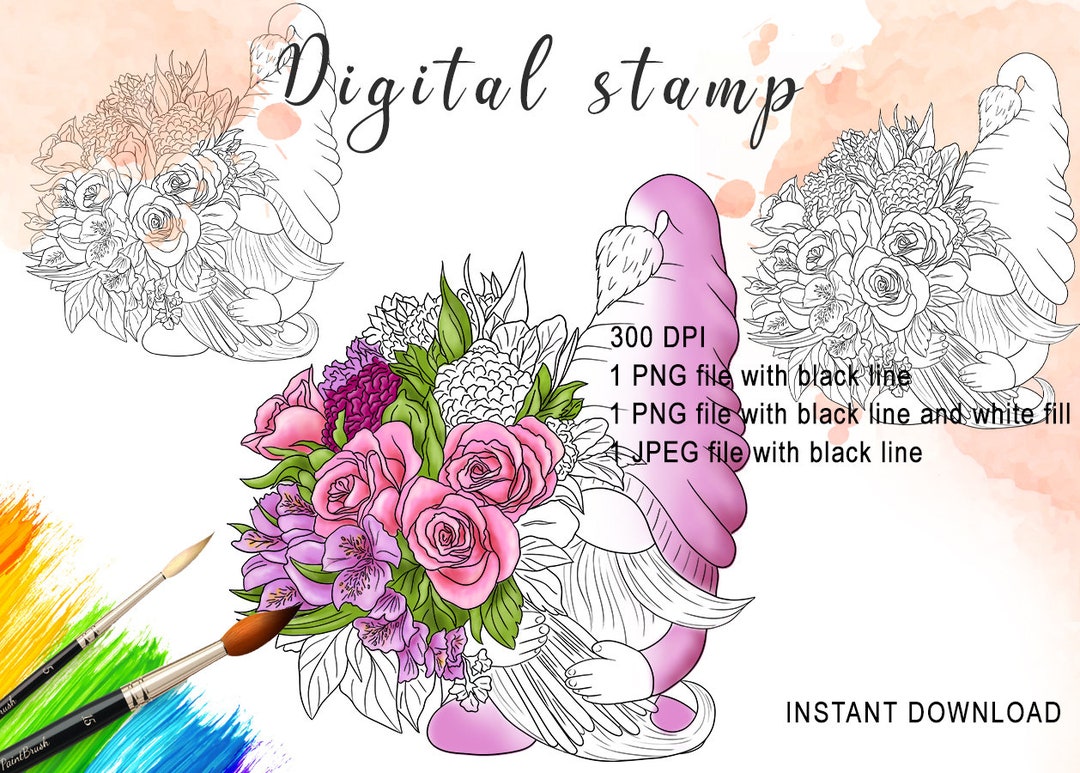 Flower Gnome Cute Digital Stamp Black Line PNG Clipart Digi Stamps Pre ...