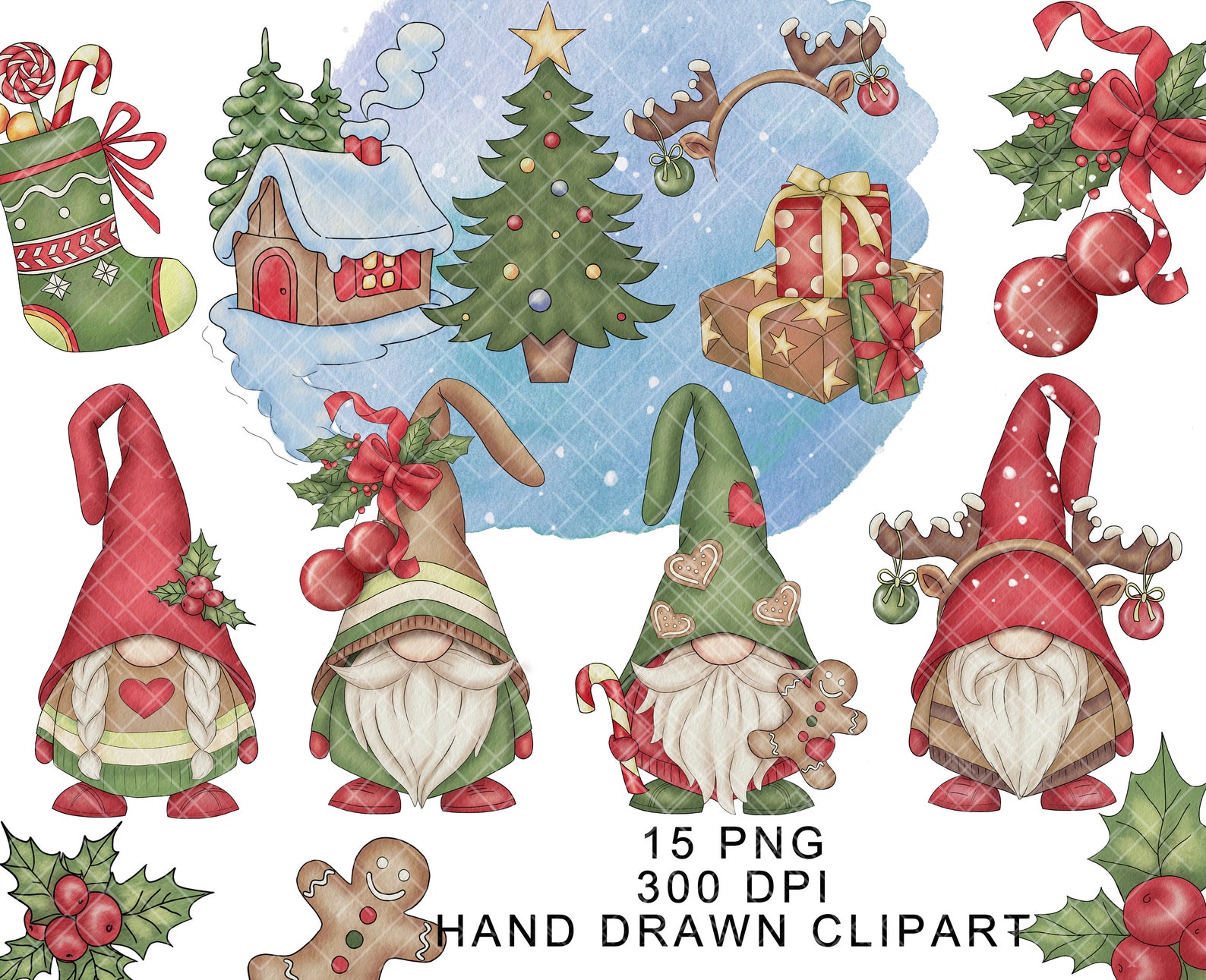 Christmas Gnomes PNG Cute Gonk Digital Red Watercolor Clipart - Etsy