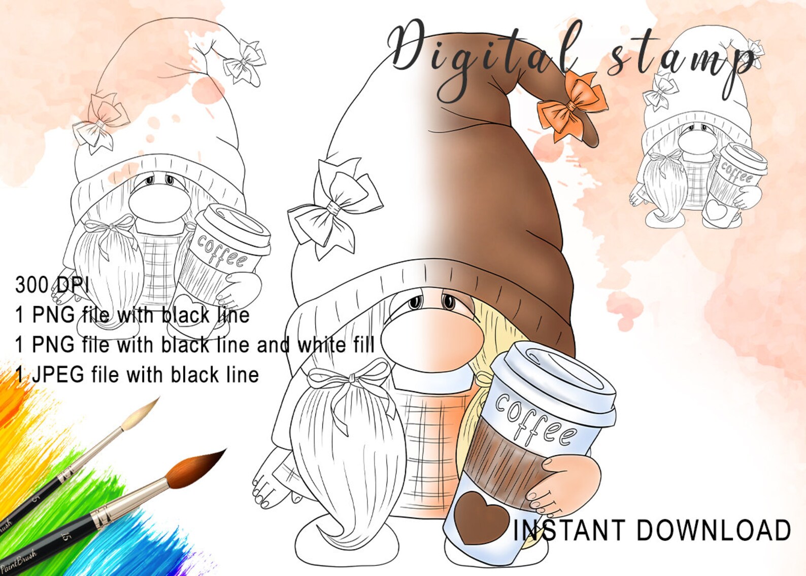 Black Line Coffee Gnome Digital Stamp PNG Cute Clipart Digi Stamps Pre ...