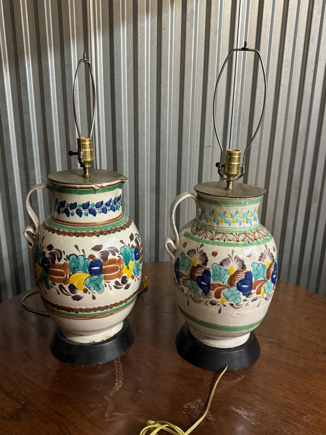 Vintage Mexican Ceramic Pitcher Lamp Set, Hand-painted Floral Folk Art ...