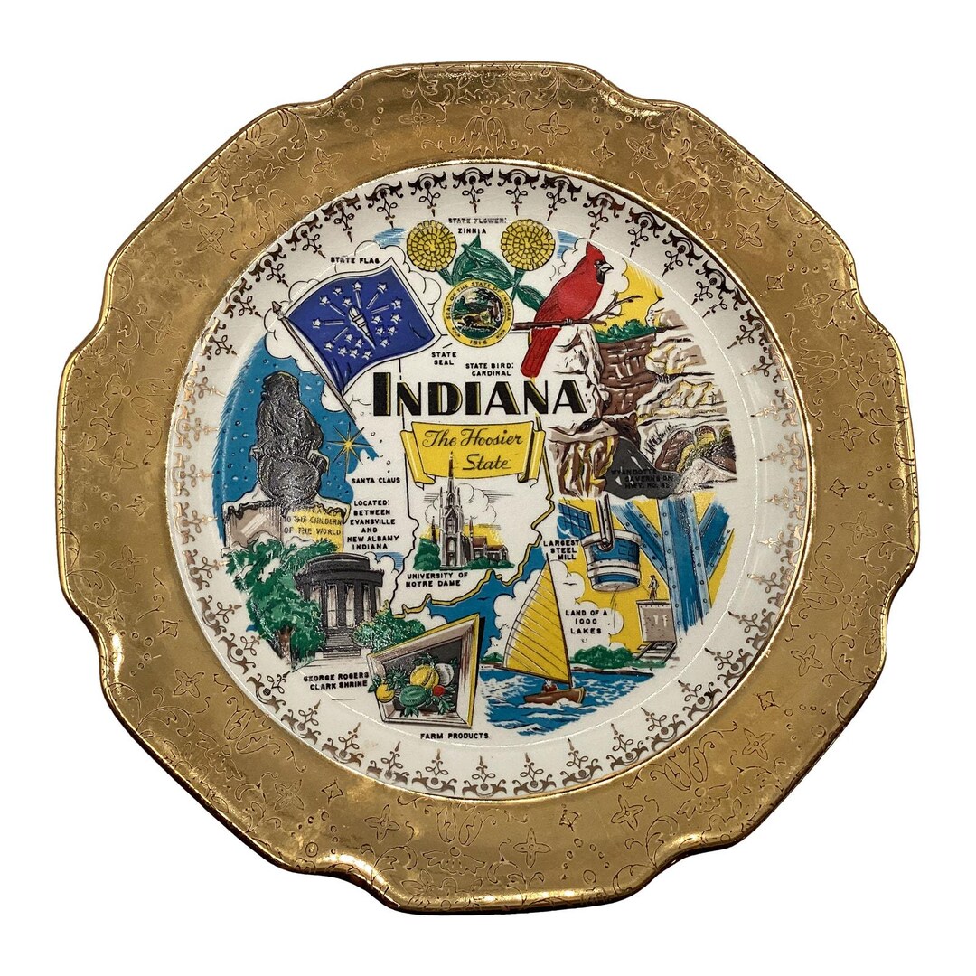 Rare Vintage Crest-o-gold 9" INDIANA Collectors Plate Hoosier History ...