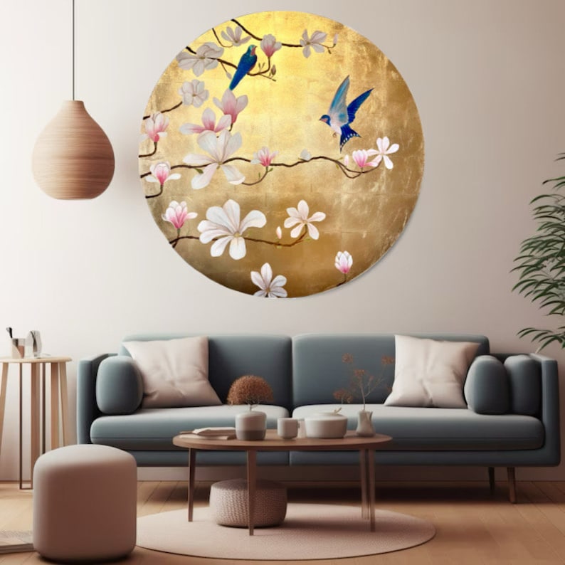 Round Gold Leaf Magnolia Original Painting, Birds Painting, Flower ...